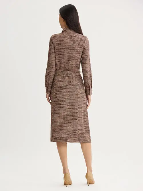Misook Belted Button Front Tweed Knit Midi Dress