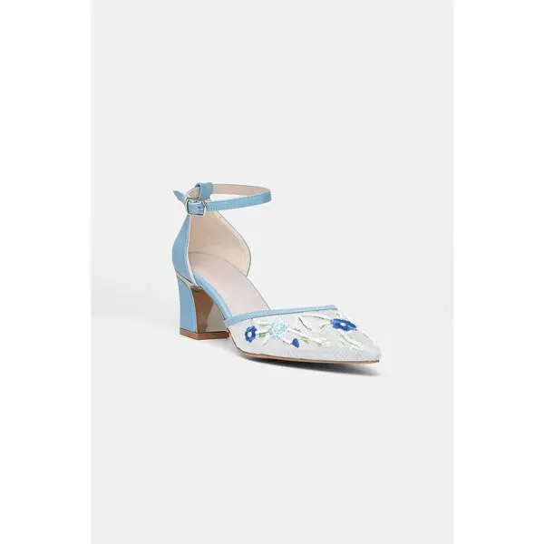 PROLOGUE SHOES Lorelai Block Heel Embroidered Bridal Pump - Blue