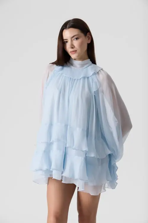 LE FAFO Tiered Ruffle Silk Chiffons Tunic Mini Dress - Light Blue