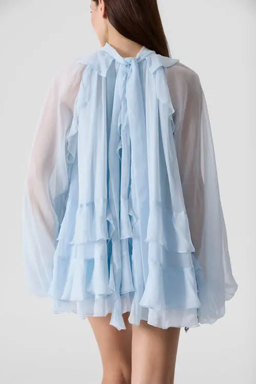 LE FAFO Tiered Ruffle Silk Chiffon Mini Dress - Light Blue