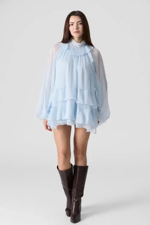 LE FAFO Tiered Ruffle Silk Chiffon Mini Dress - Light Blue