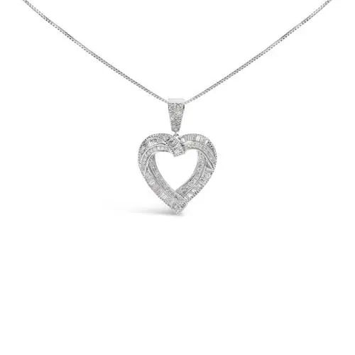 HAUS OF BRILLIANCE 925 Sterling 1.00 Cttw Baguette And Round Diamond Open Heart Pendant Necklace - Silver