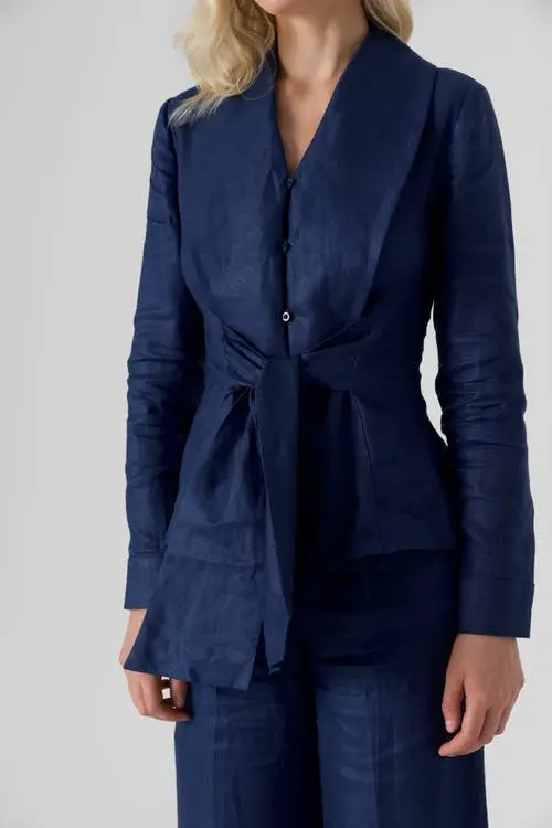 LE FAFO Linen Waist Tie Shirt - Navy Blue