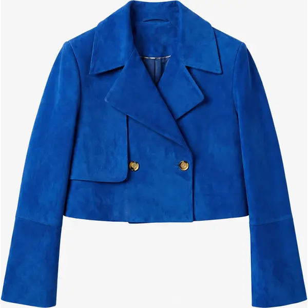 MINE BILGI Saphira Premium Suede Leather Cropped Double-breasted Jacket - Blue
