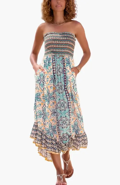 LASCANA Smocked Bodice Printed Dress - Blue Multi