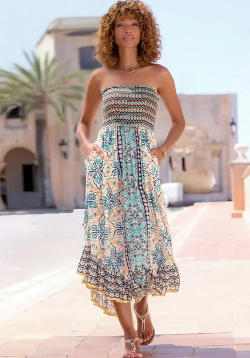 LASCANA Smocked Bodice Printed Dress
