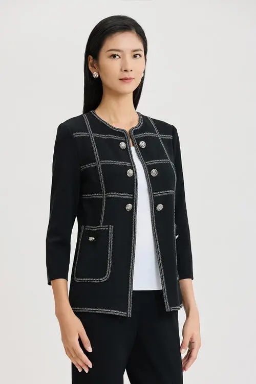 Ming Wang Heritage Grid Trim Knit Jacket
