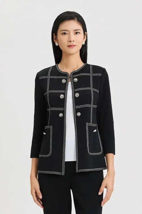 Ming Wang Heritage Grid Trim Knit Jacket