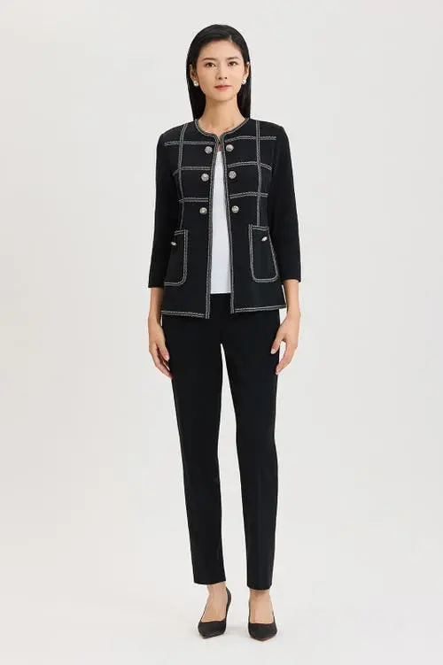 Ming Wang Heritage Grid Trim Knit Jacket