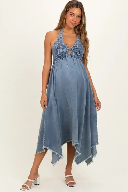 PINKBLUSH Smocked Halter Handkerchief Dress - Denim
