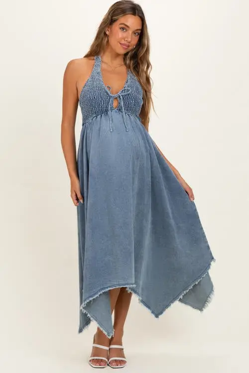 PINKBLUSH Smocked Halter Handkerchief Maternity Dress