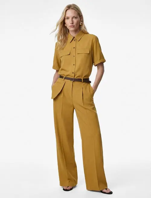 Koton Wide Leg Belted Trousers With Pocket Detail - Khaki