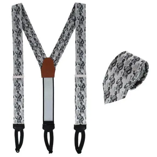 Trafalgar Ambrose Dapper Night Silk Suspenders And Necktie Set - Silver And Black