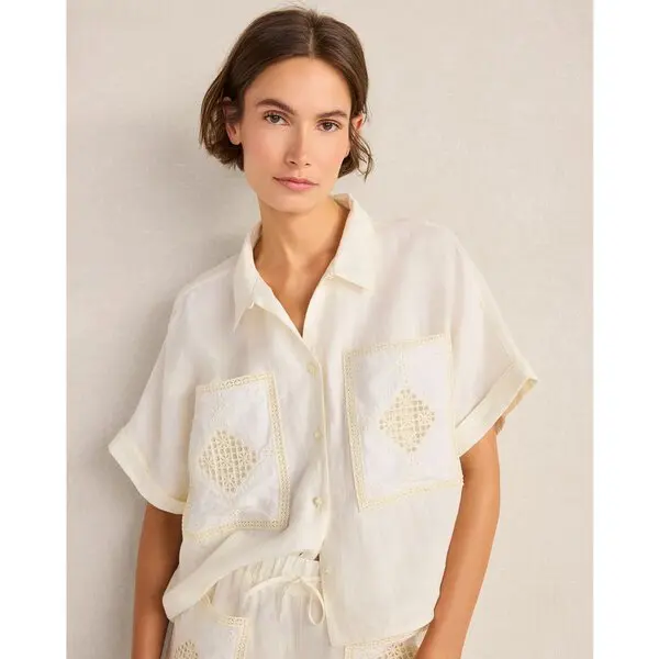 HAVEN WELL WITHIN Organic Cotton Linen Embroidered Pocket Top - Ivory