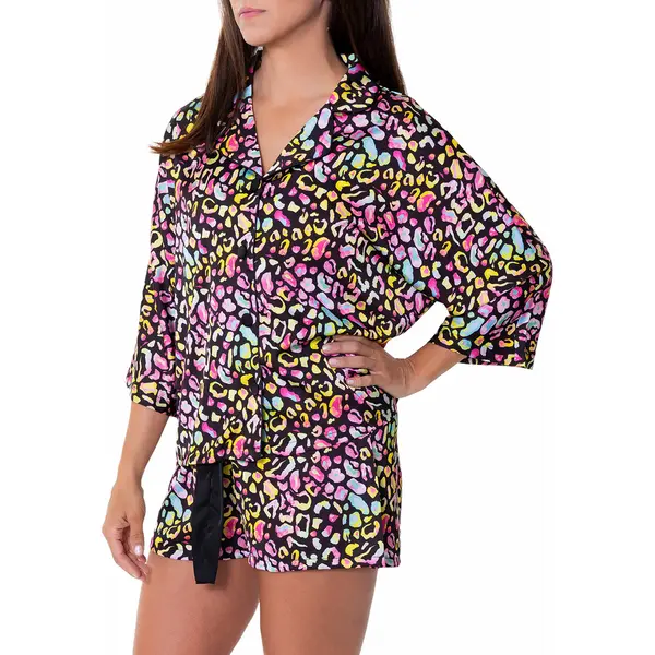 SUNSHINE SOCIETY Animal Print Silky 3/4 Sleeve Pajama Set - Multicolor