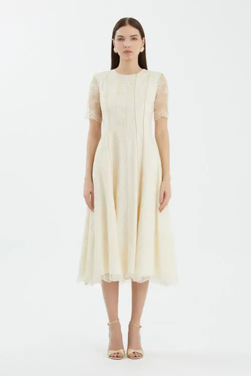 GIZIA Embroidered Lace Detailed Midi Dress - Beige