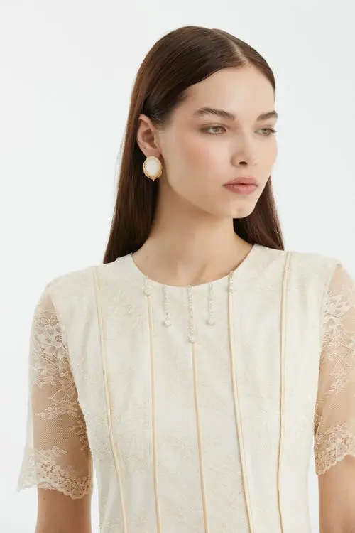 GIZIA Embroidered Lace Detailed Midi Dress - Beige