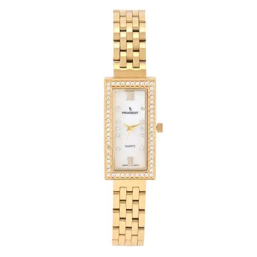 PEUGEOT 14k Gold-plated Crystal Bezel Stainless Steel Bracelet Watch- 35x20mm - White