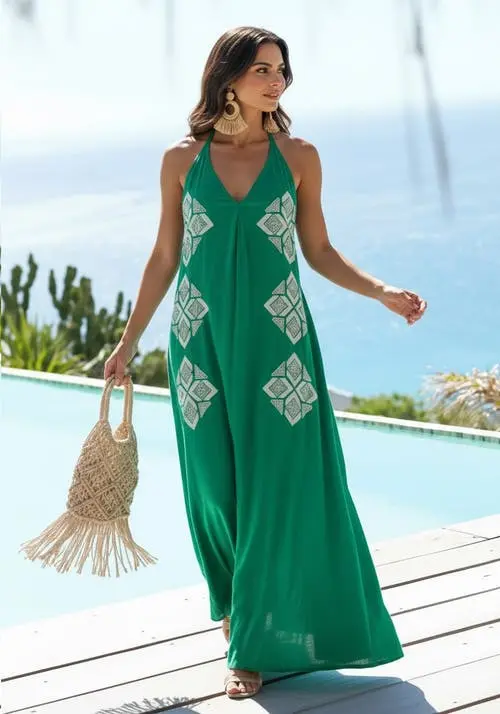 LASCANA Halter Neck Embroidered Maxi Dress