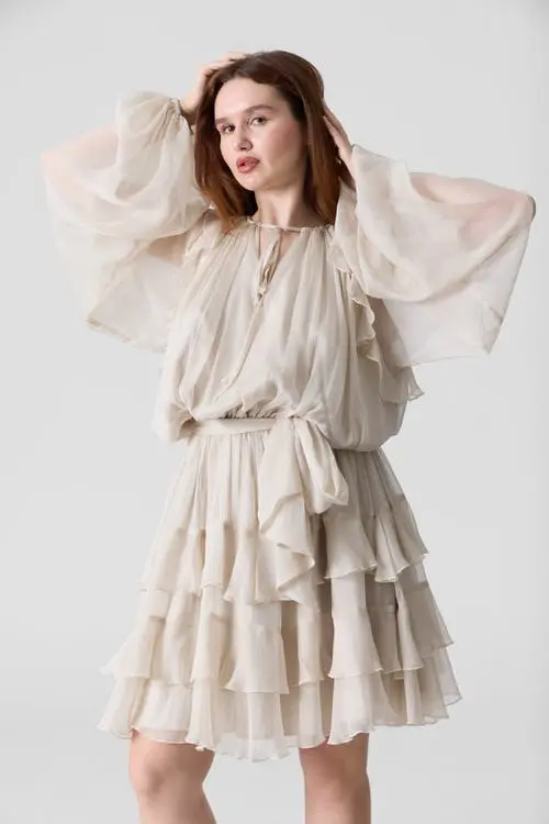 LE FAFO Silk Chiffon Tie Belt Short Dress - Light Beige
