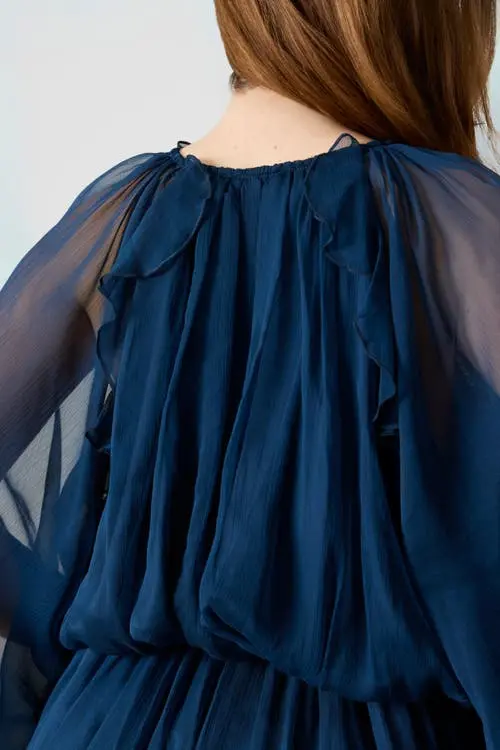 LE FAFO Silk Chiffon Ruffled Belted Mini Dress - Midnight Navy