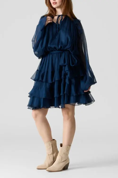 LE FAFO Silk Chiffon Ruffled Belted Mini Dress - Midnight Navy