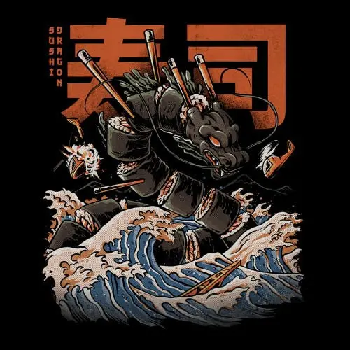 LOST GODS Sushi Dragon Ocean Wave Short Sleeve Graphic T-shirt
