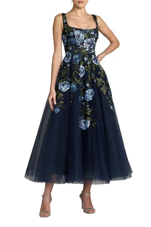 Mac Duggal Square Neck Embroidered A-line Midi Dress - Blue Multi