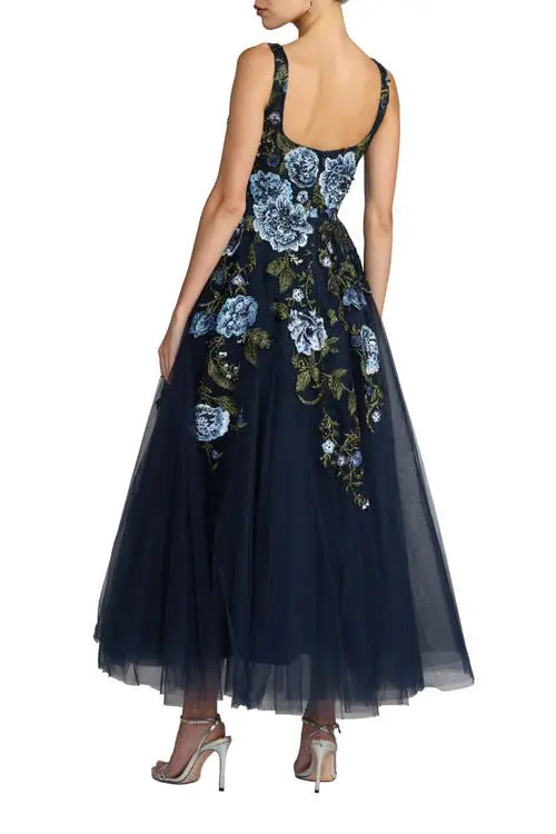 Mac Duggal Square Neck Embroidered A-line Midi Dress