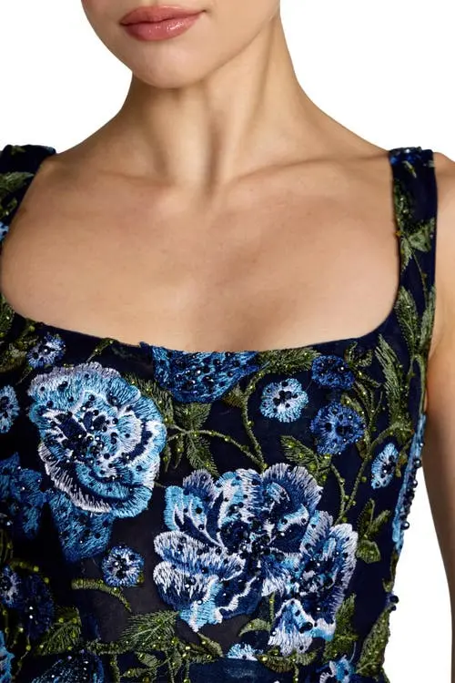Mac Duggal Square Neck Embroidered A-line Midi Dress