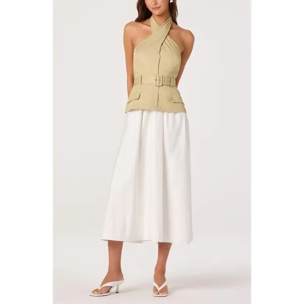 Astr The Label Aleda Halter Neck Cotton Midi Dress - Khaki