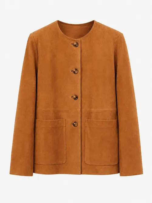 MINE BILGI Broom Premium Suede Leather Collarless Jacket - Camel
