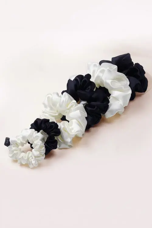 HAIR DRAMA CO. Black & Silk Satin Scrunchiesset Of 6 - White