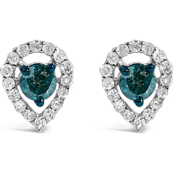 HAUS OF BRILLIANCE Sterling 1/2 Cttw Blue And White Diamond Pear Shape Halo Stud Earrings - Silver
