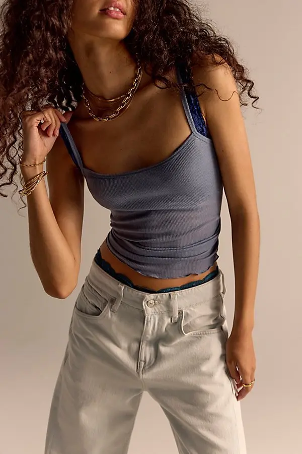 Free People Barely Bare Ribbed Cami - Brush Blue