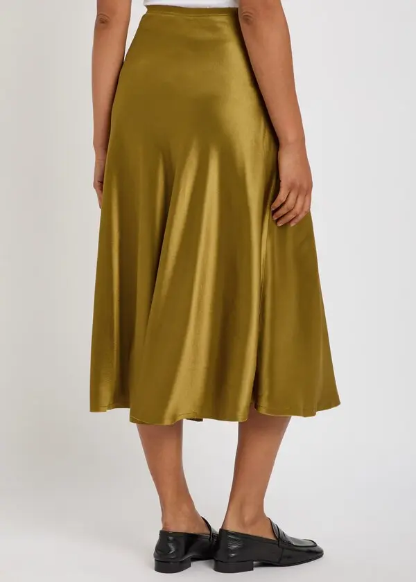 GANNI Satin Midi Skirt With Bow Embellishments - Olive