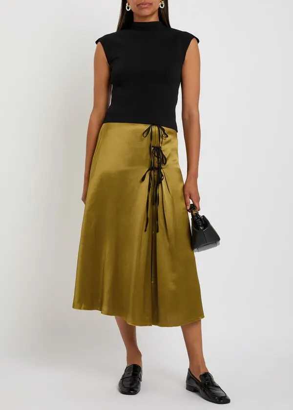 GANNI Satin Midi Skirt With Bow Embellishments - Olive