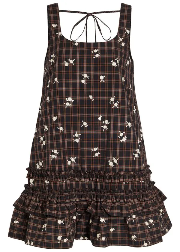 GANNI Checked Floral-embroidered Cotton-poplin Mini Dress - Brown