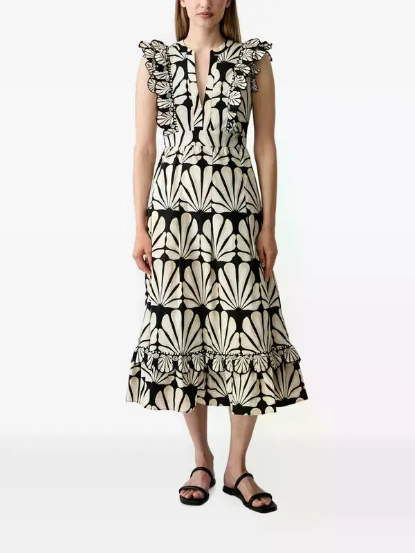 PEDRO DEL HIERRO Ruffled Trim Midi Dress With Shell Print - Black
