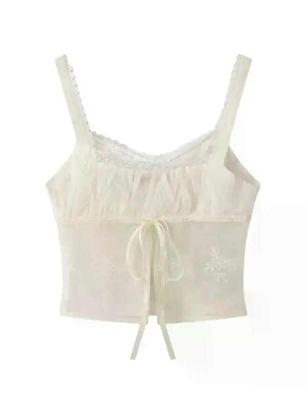 HOUSE OF SUNNY Blossom Lace-trim Embroidered Sleeveless Blouse - White