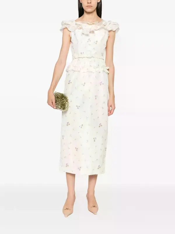 Alessandra Rich Floral Print Ruffled Off-shoulder Silk Dress - Neutrals