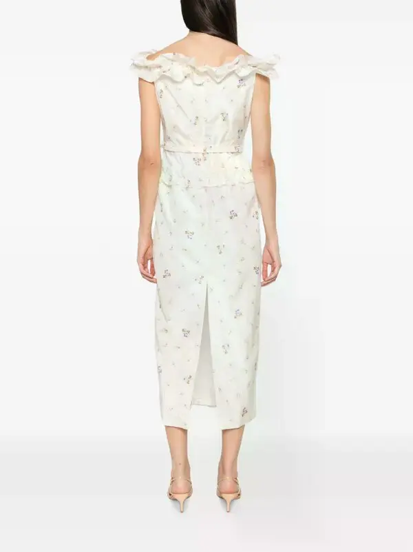 Alessandra Rich Floral Print Ruffled Off-shoulder Silk Dress