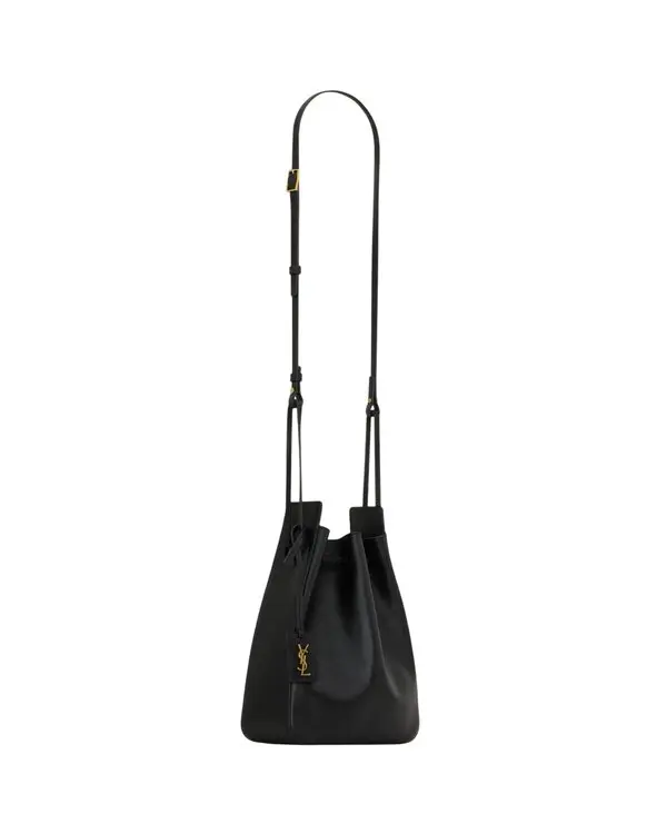 Saint Laurent Logo Plaque Drawstring Bucket Bag - Black