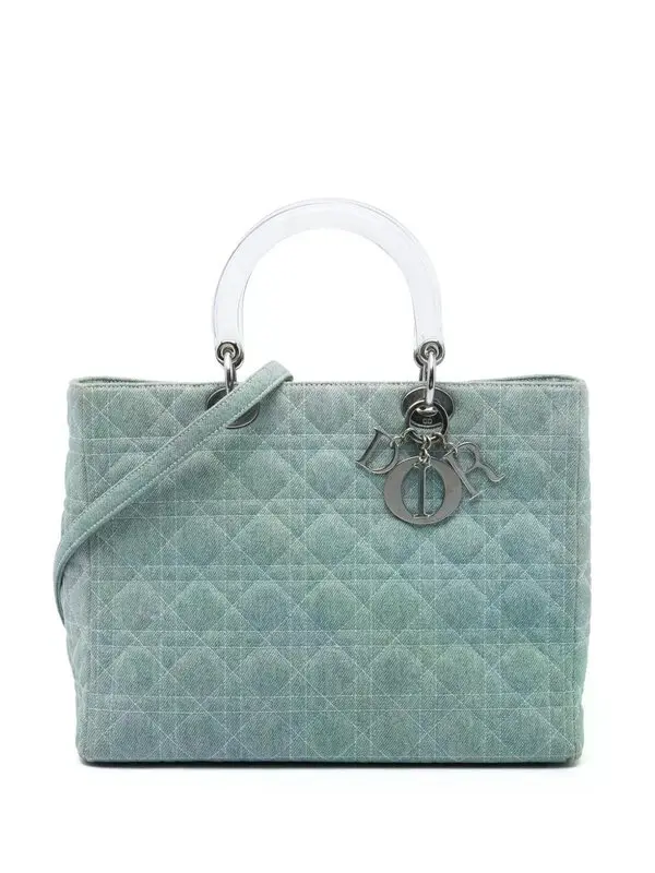 Dior 1999 Large Denim Cannage Acrylic Handles Lady Satchel - Blue
