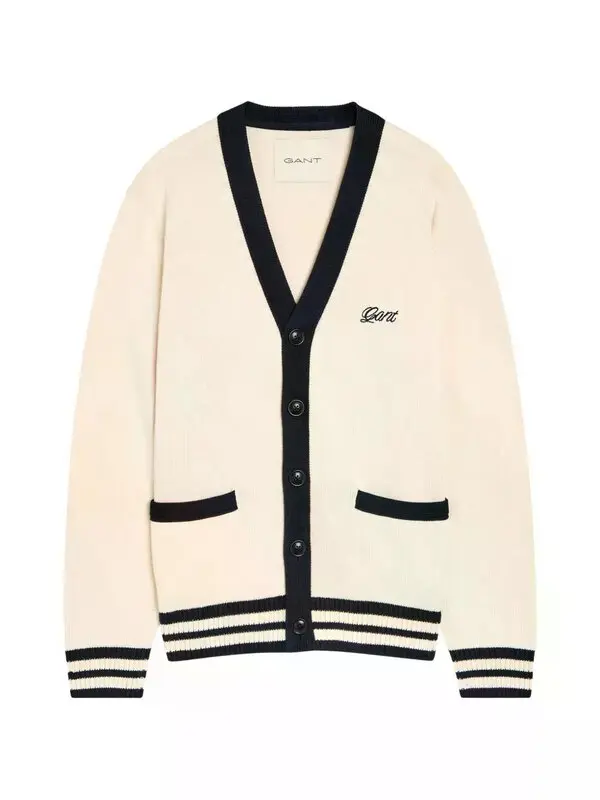 Gant V-neck Button-up Cardigan With Embroidered Logo And Striped Trim - Neutrals