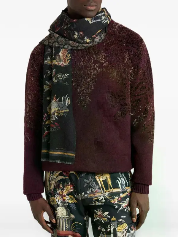 Etro Brushed Wool Scarf With Two Prints - Black