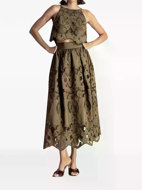 MOUTAKI Floral-embroidered Scalloped Top - Green