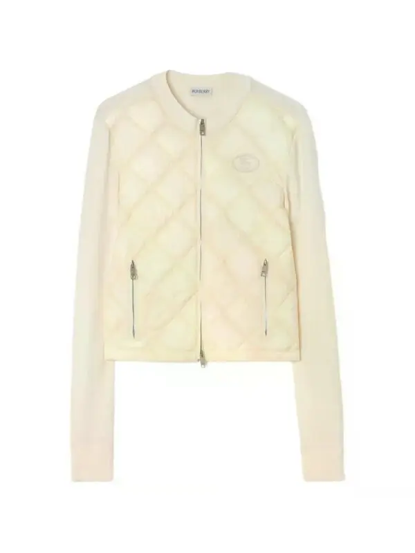 Burberry Quilted Nylon And Wool Jacket With Leather Stamp - Neutrals