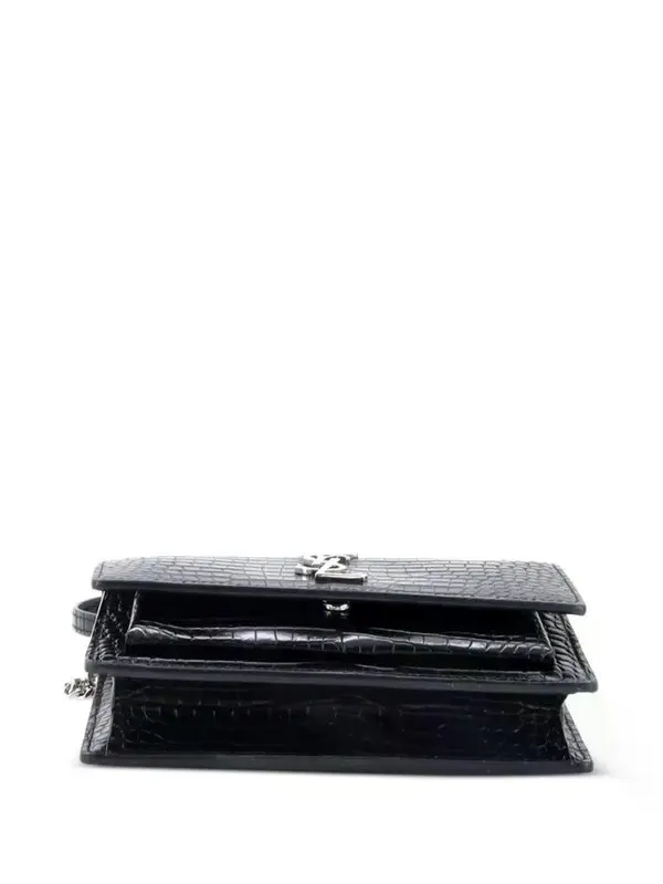 Saint Laurent Sunset Top Handle Chain Wallet Crocodile Embossed Leather Crossbody Bag - Black