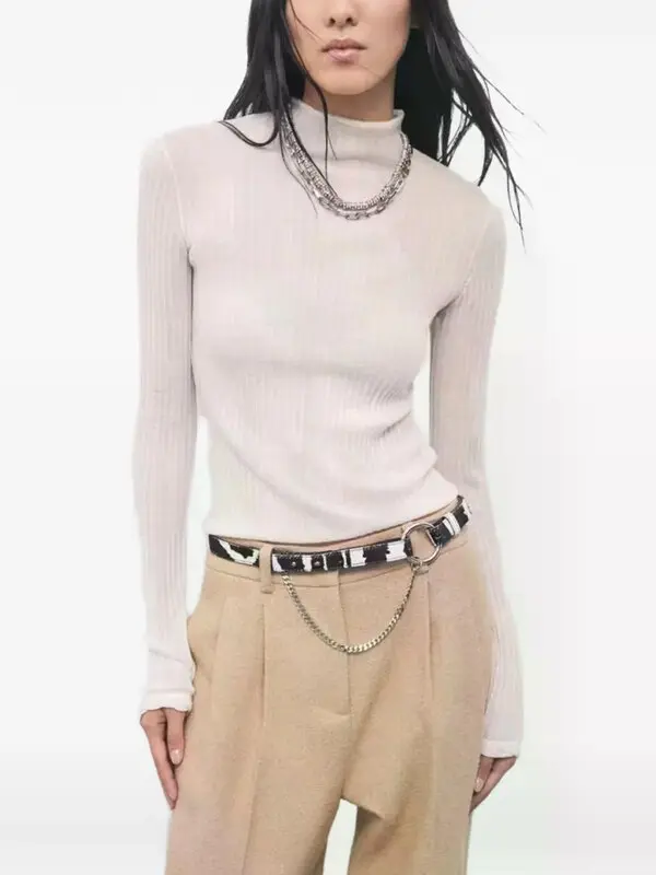 Patrizia Pepe Ribbed Funnel Neck Knit With Button Cuffs - Neutrals